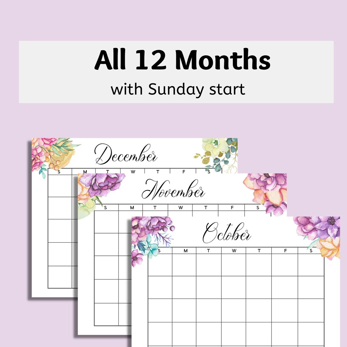Printable Blank Calendar | Floral Calendar | Blank 12 Month Calendar ...