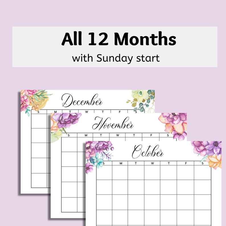 Printable Blank Calendar | Floral Calendar | Blank 12 Month Calendar ...