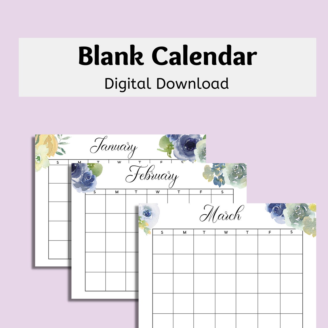 Printable Blank Calendar | Floral Calendar | Blank 12 Month Calendar ...