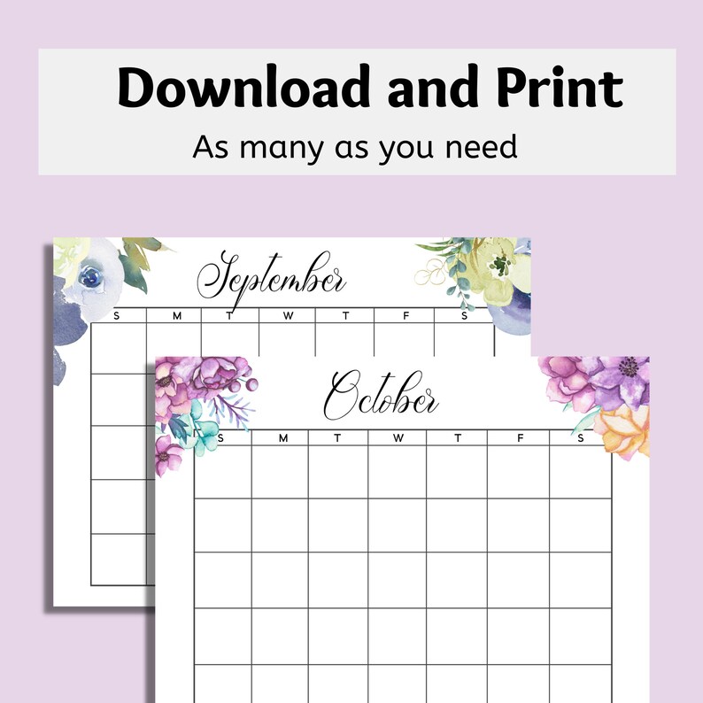 Printable Blank Calendar | Floral Calendar | Blank 12 Month Calendar ...