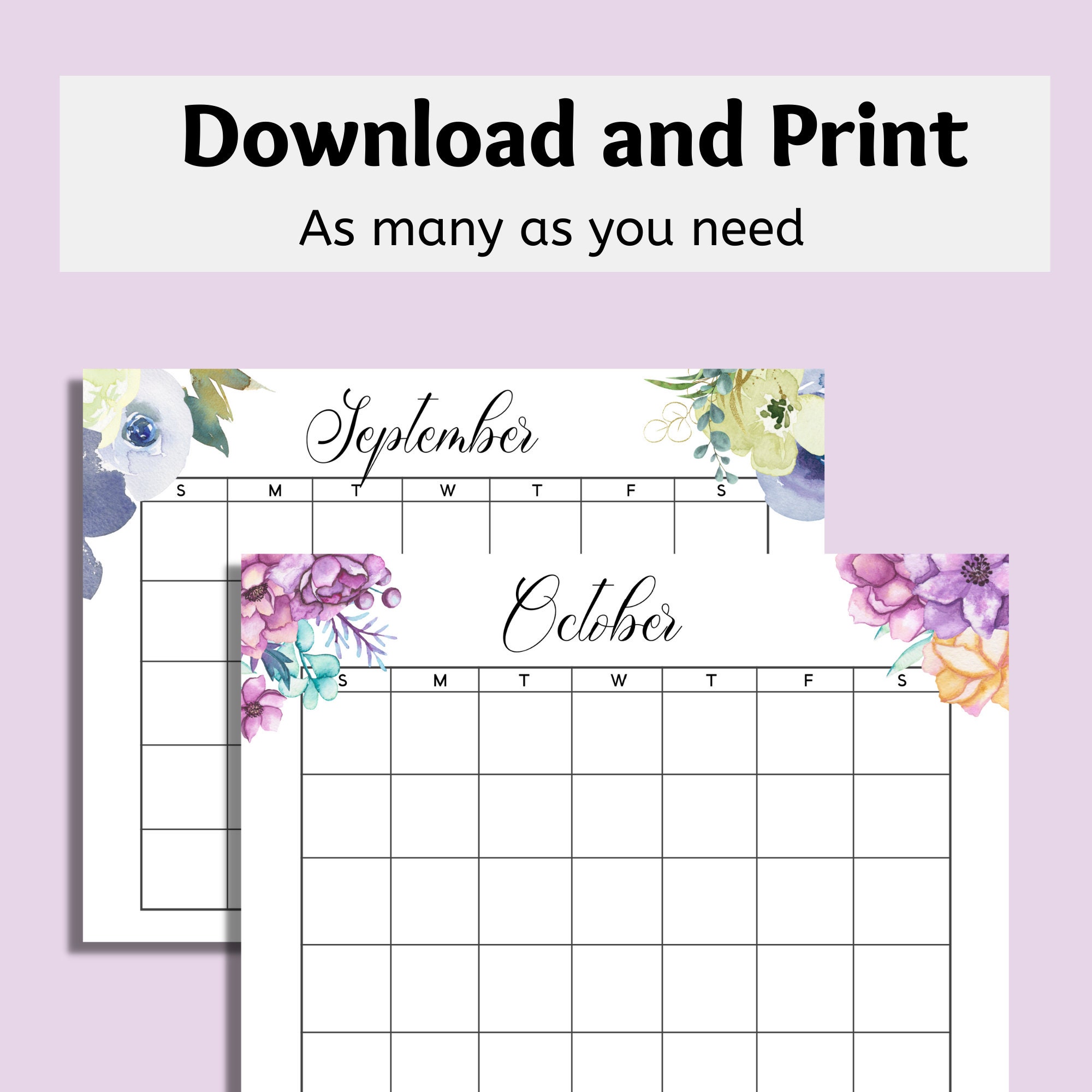 Printable Blank Calendar | Floral Calendar | Blank 12 Month Calendar ...