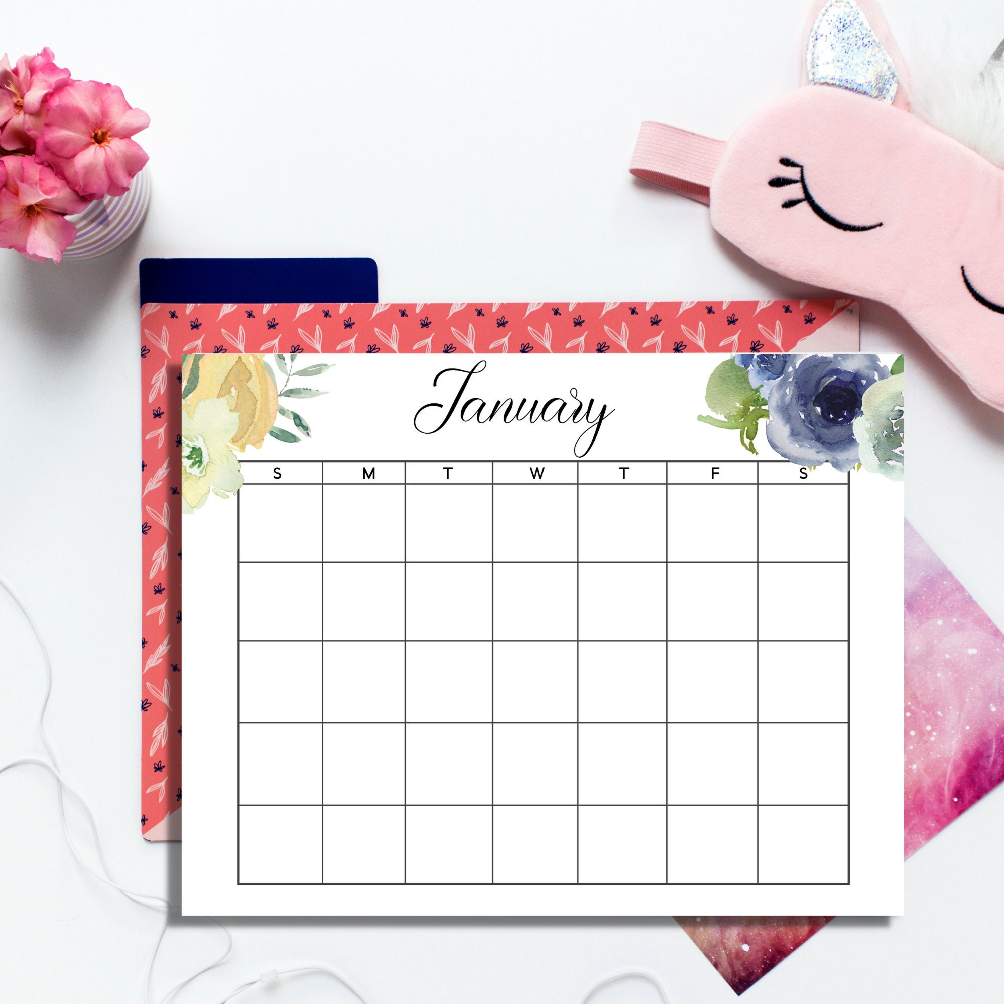 Printable Blank Calendar | Floral Calendar | Blank 12 Month Calendar ...