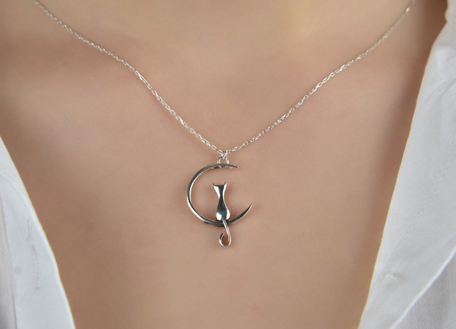 Cat Necklace, Cat Moon Necklace, Cat Pendant Necklace, Tiny Moon ...