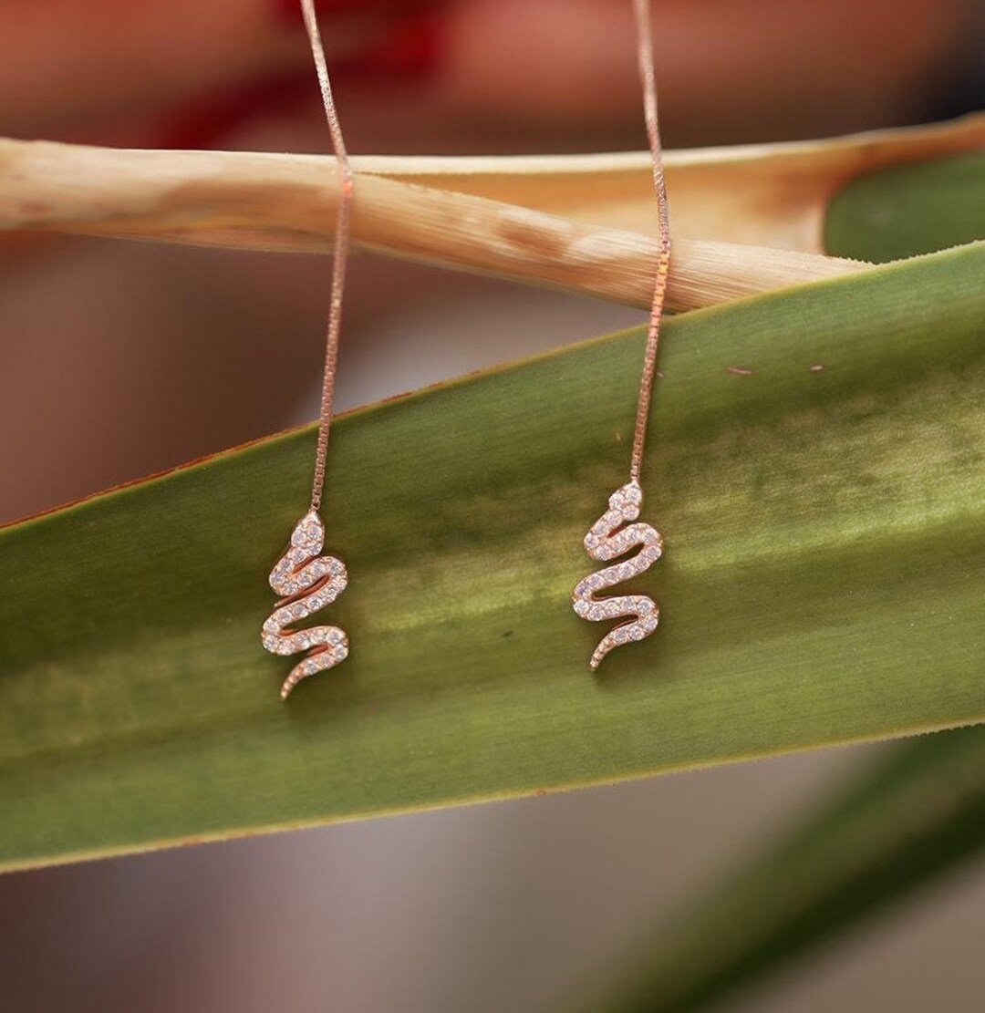 CZ Snake Thread Earrings, Snake Threader Earrings, Long Dangle ...