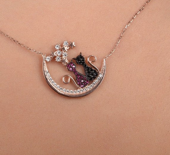 CZ Cat Moon Necklace Silver CZ Moon Two Cats Necklace | Etsy