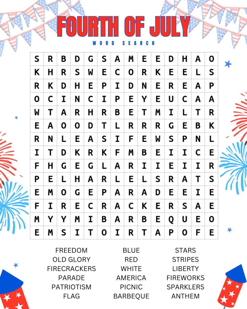 Fourth of July Word Search - Printable Game | 4th of July Party ...