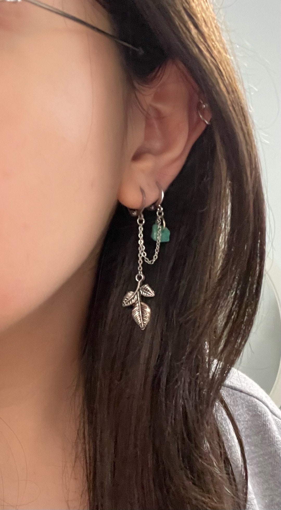 Leaf Double Piercing Earring Set Amazonite Crystal, Two Hole Earring ...