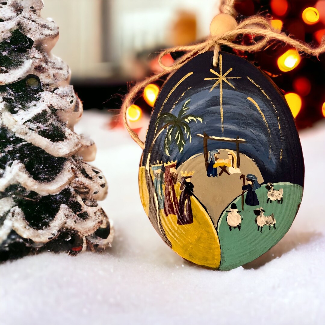 Unique Handcrafted Nativity Scene on Wood Slice Ornament Featuring Holy ...