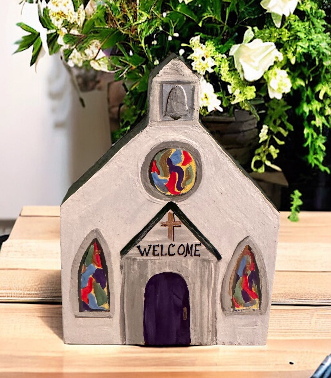 Farmhouse Church Wood Block House, Hand Painted Original Rustic Church ...