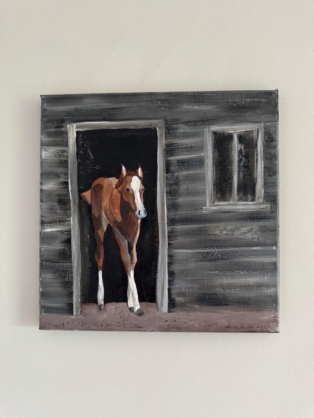 Hand Painted Rustic Acrylic Painting, Colt in Black Barn; 10 X 10 Inch ...