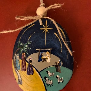 Unique Handcrafted Nativity Scene on Wood Slice Ornament - Featuring ...