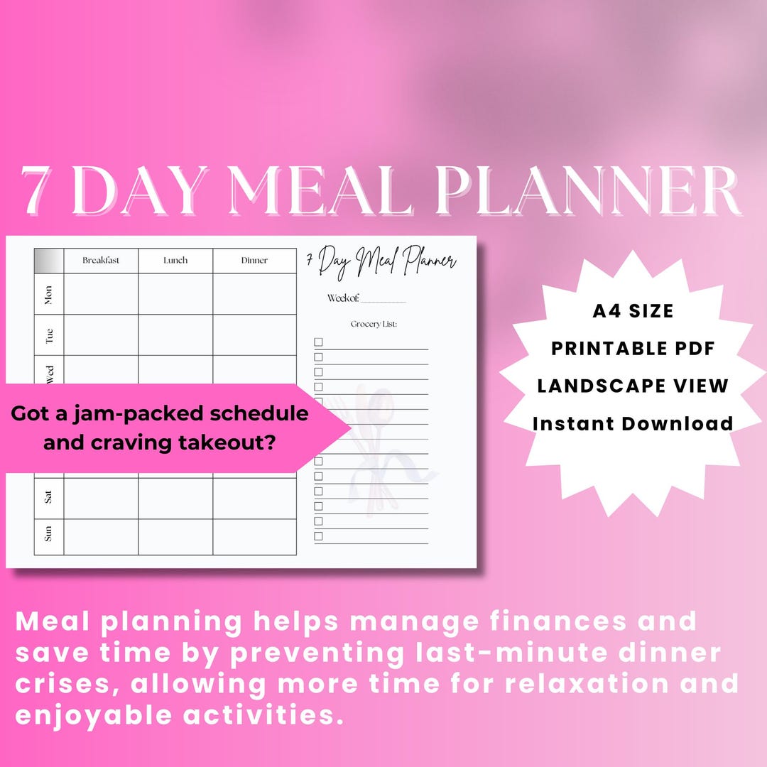 A4 Size - 7 Day Meal Planner Plan Your Meals Planner for Weekly Meals ...