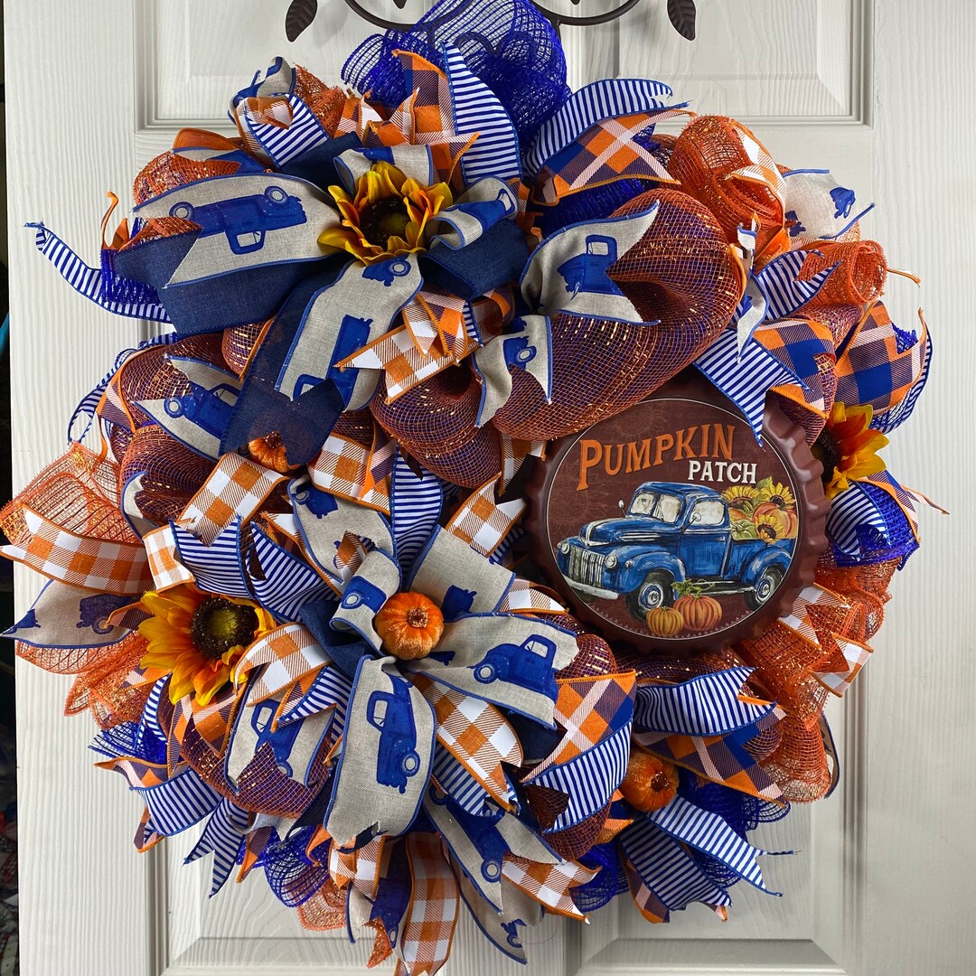 Blue Truck Pumpkin Front Door Wreath, Sunflower Poof Porch Wreath, Fall ...