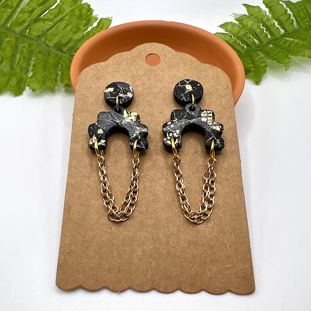 Smoky Slate Gold Crackle Mini Chain Arch Dangles Black and Gray ...
