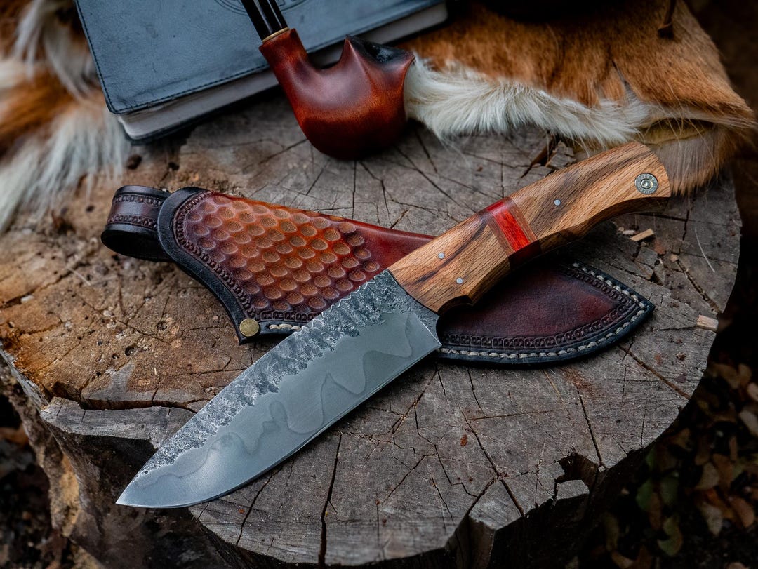 Hand Forged Bushcraft Knife, Hamon Line, With Sheath, Hiking, Hunting ...