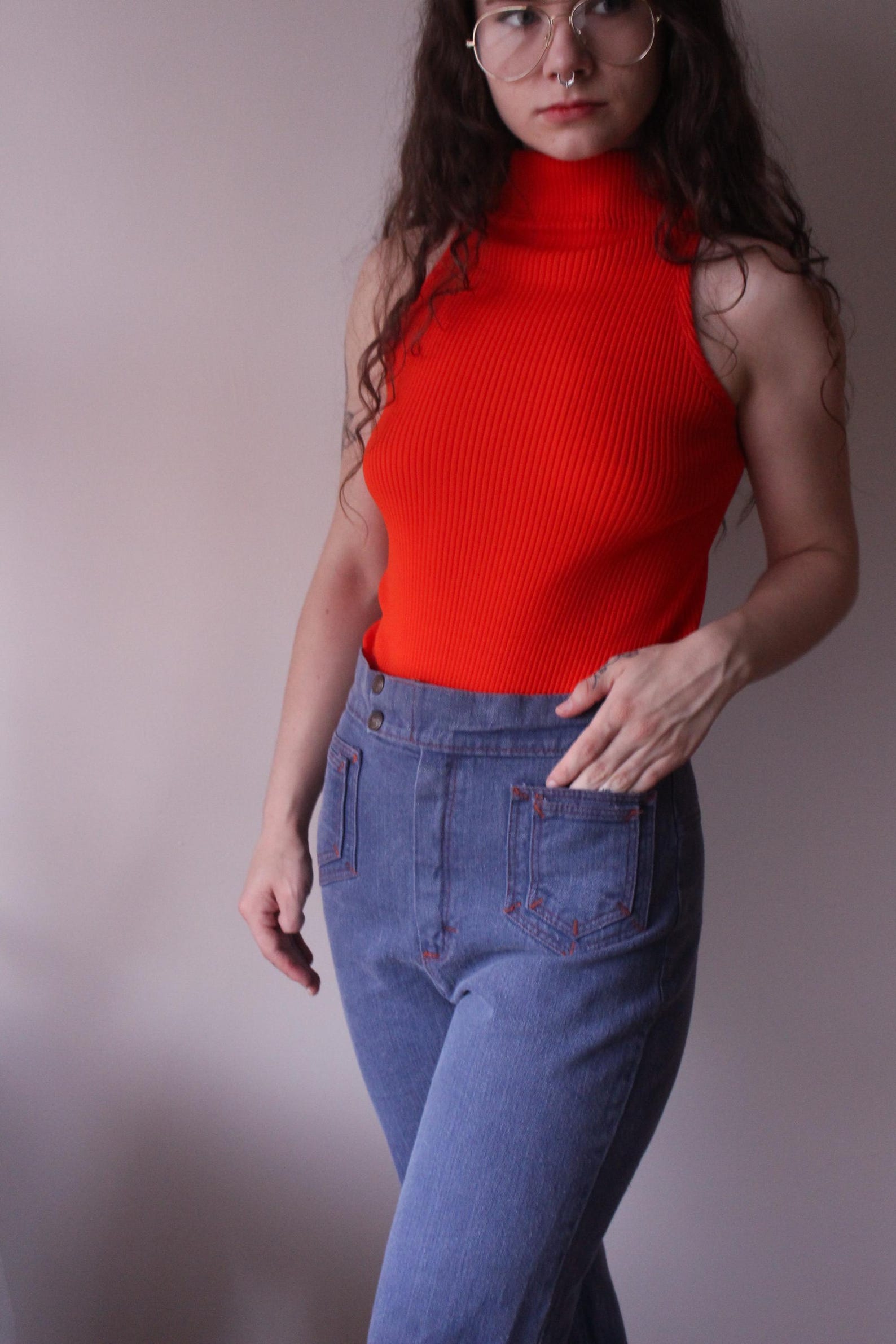 70s Vintage Bodysuit Turtleneck Dark Orange - Size XS/S - Etsy