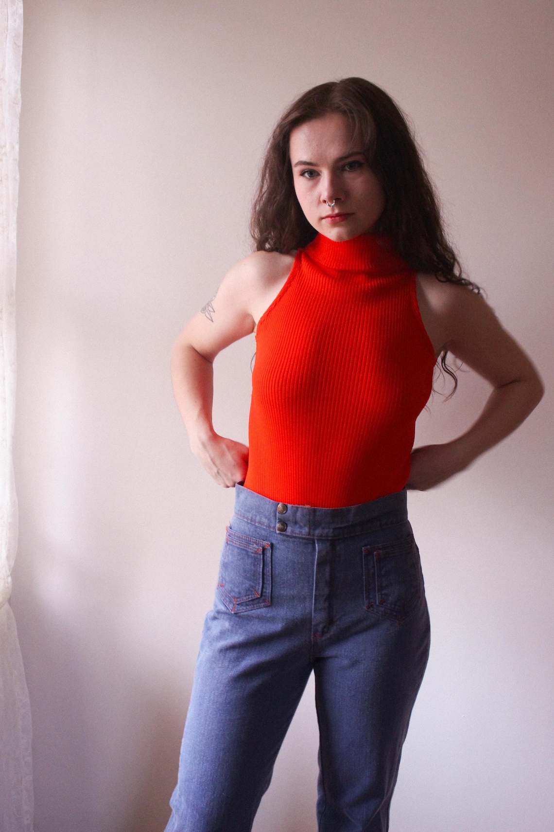 70s Vintage Bodysuit Turtleneck Dark Orange - Size XS/S - Etsy