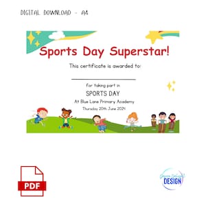 PERSONALISED Sports Day Certificate-end of Year-sports Day- Celebration ...