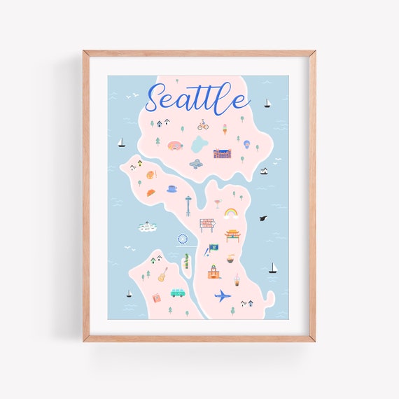 Seattle Illustrated Map Wall Art Print Seattle Gift Seattle | Etsy