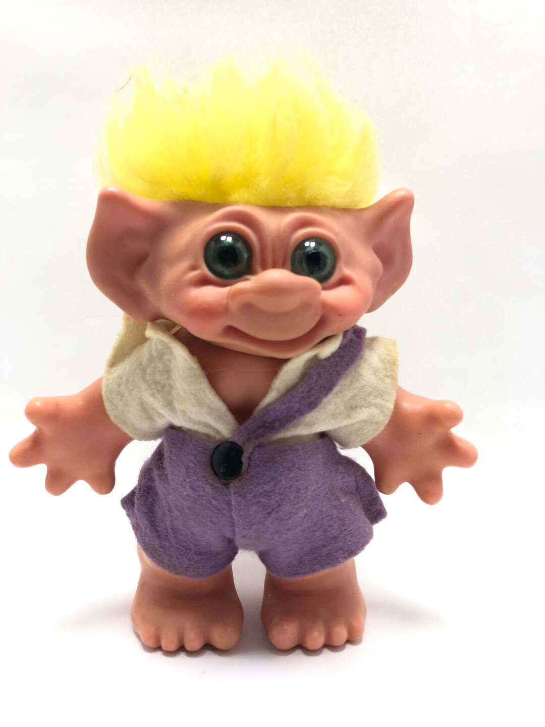 Dam Troll 7 Inch Bank Yellow Hair Aqua Blue Eyes Purple Felt Clothes ...