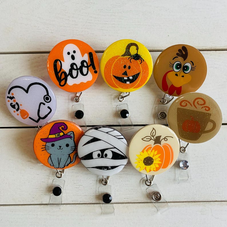 Fall Badge Reels; Pilgrim, Pumpkin & Sunflower, Jack-o-lantern, Mummy ...