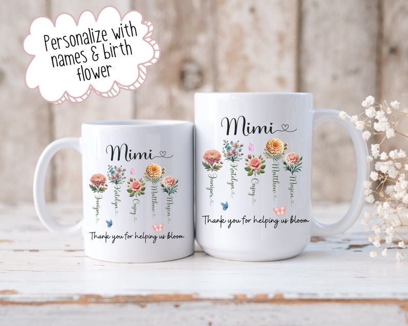 Personalized Mimi Mug With Birth Flower and Grandkids' Names Mother's ...