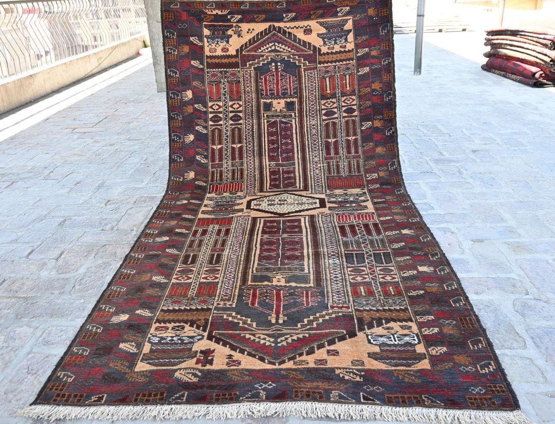 Vintage Prayer Rug 8'4x4'2 Afghan Prayer Bukhara Rug / Oriental Turkmen ...