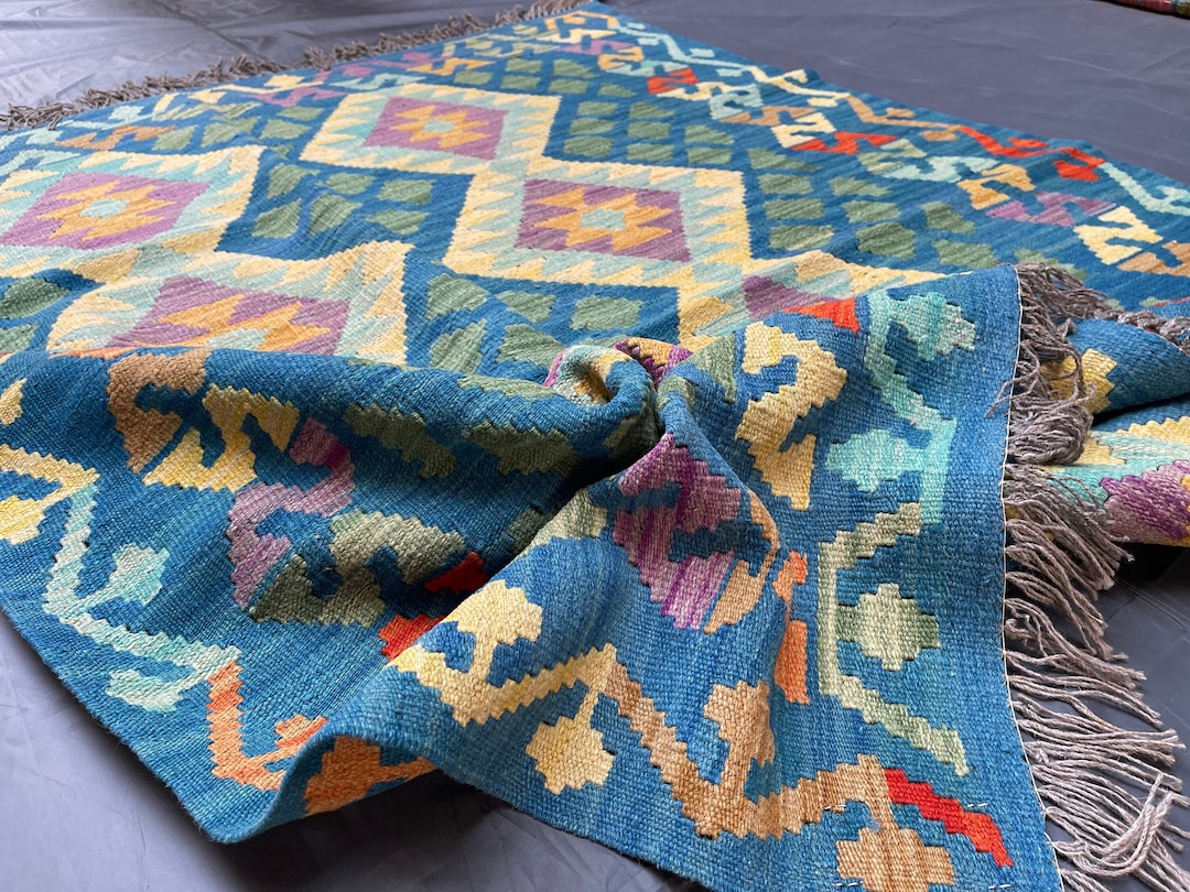 7x5 Kilim Rug, Turquoise Blue Boho Afghan Hand Woven Flatweave Wool Rug ...