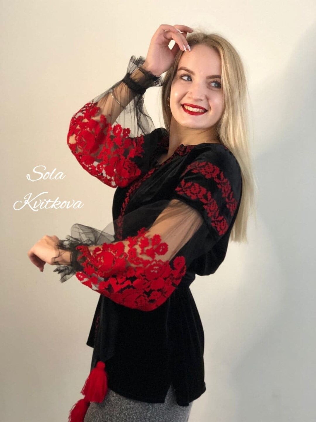 Black Kaftan Velvet Bouse Embroidered Shirt "red Flovers", Vyshyvanka ...