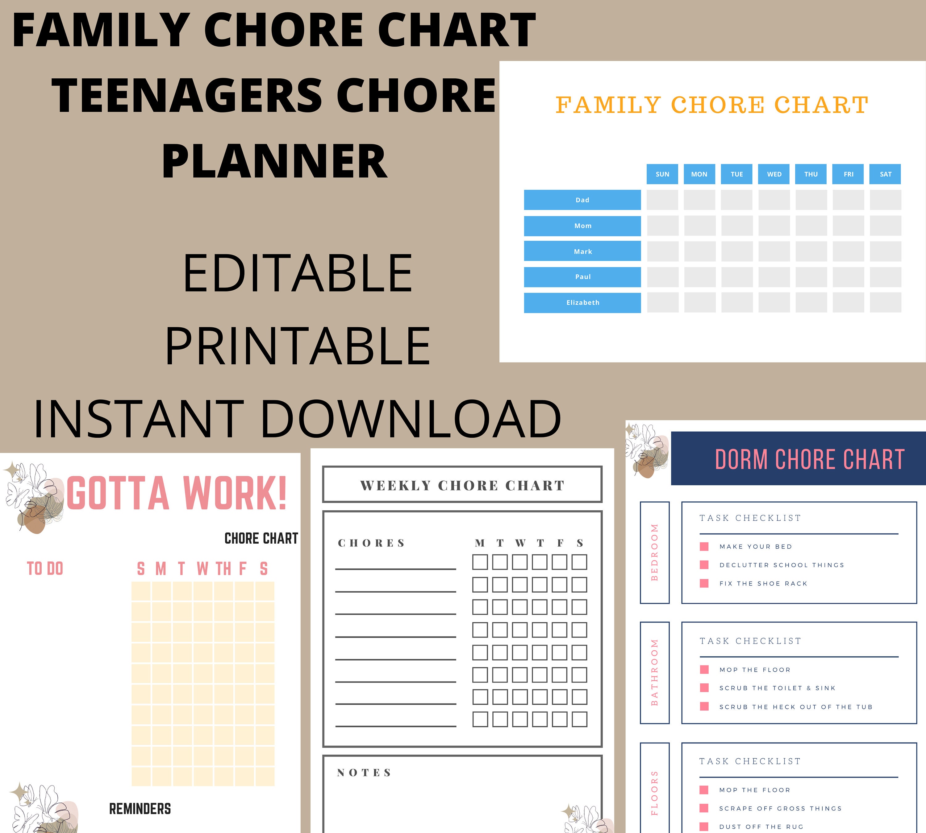 Family Digital Planner Set Chore Tracker Task Chart, Editable Cleaning ...