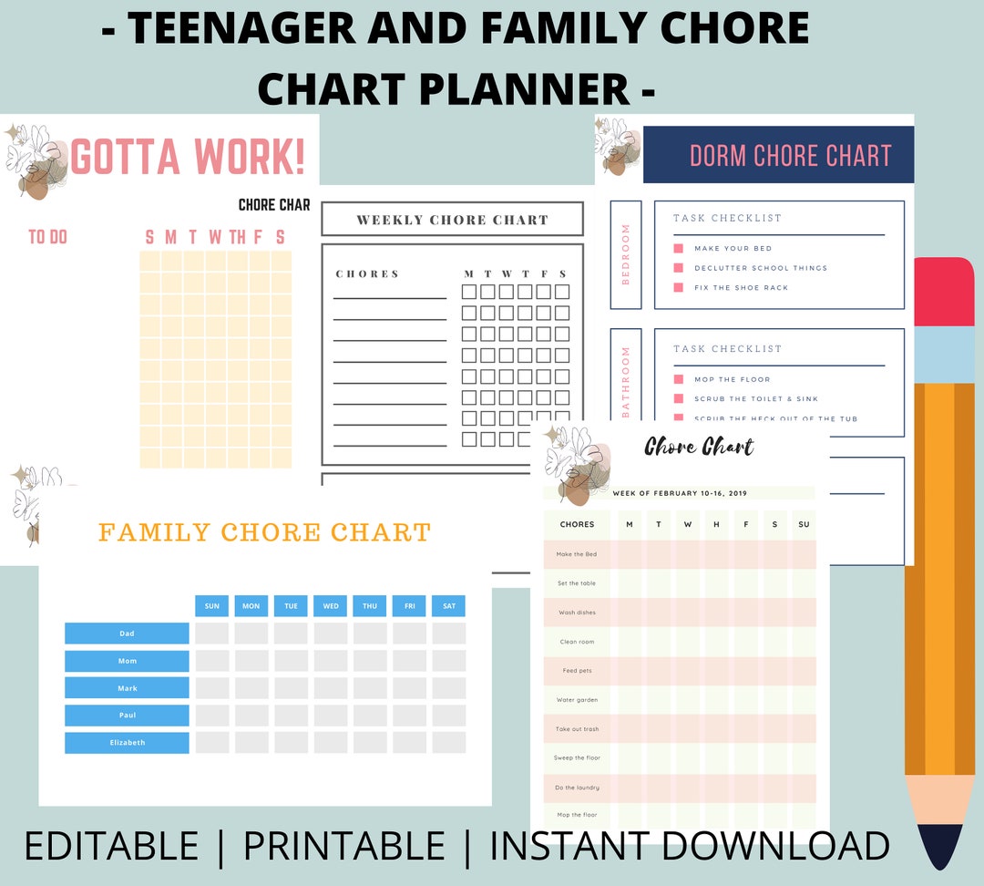 Family Digital Planner Set Chore Tracker Task Chart, Editable Cleaning ...