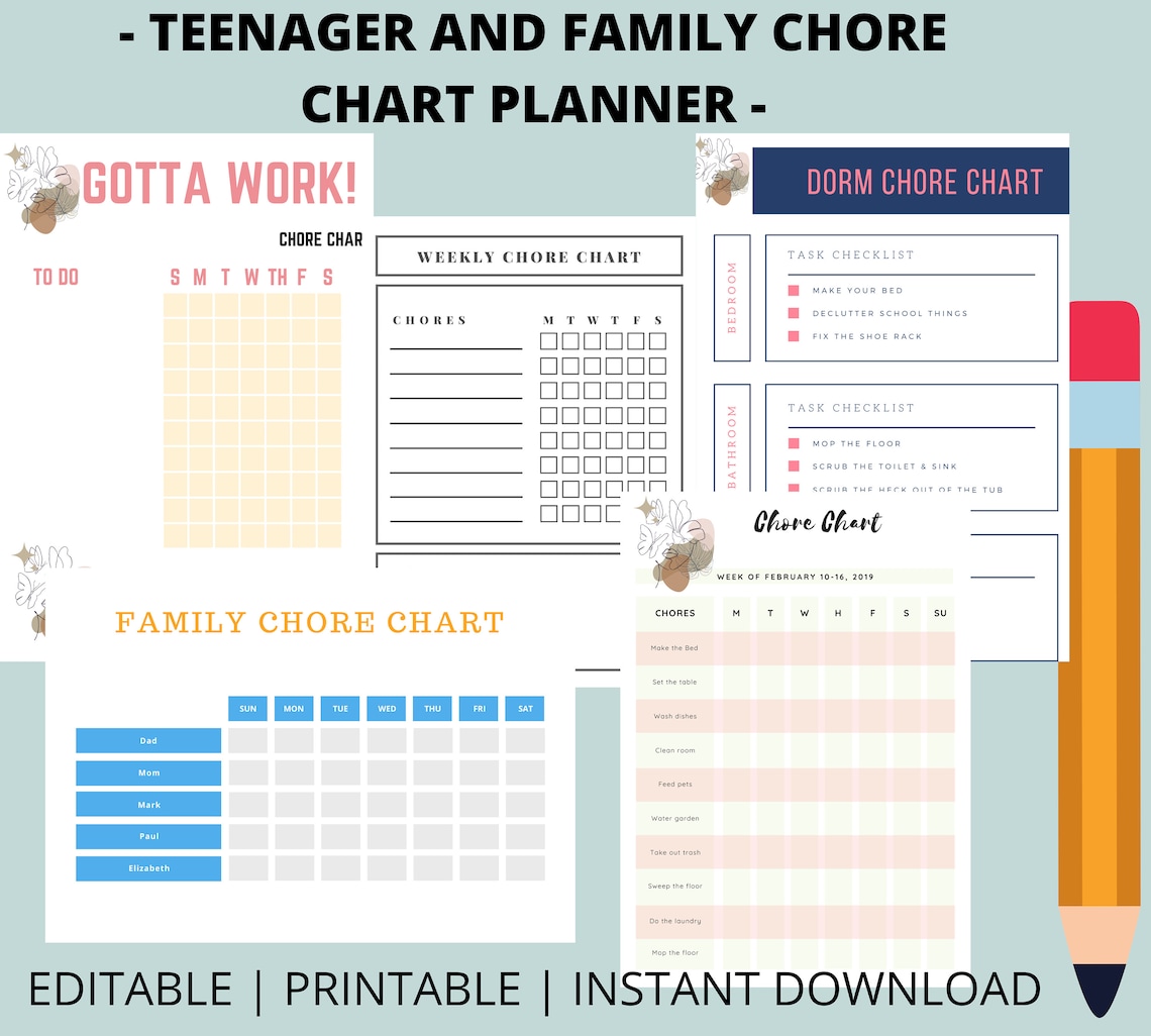 Family Digital Planner Set Chore Tracker Task Chart, Editable Cleaning ...