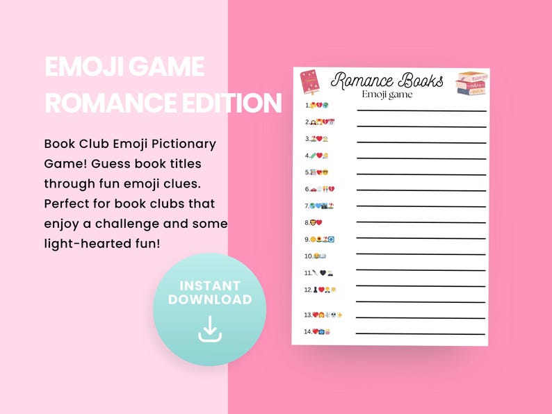 Printable Book Club Emoji Game | Book Club Gathering Fun | Romance Book ...