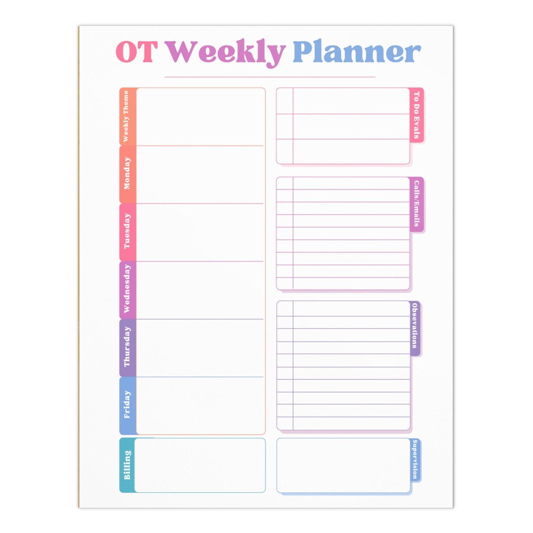OT Weekly Planner, OT Weekly Schedule, Occupational Therapist Gift, OT ...