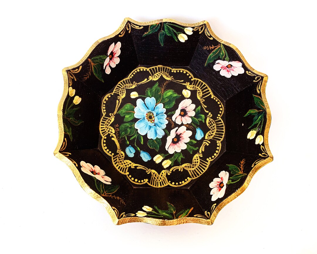 Vintage Tole Painted Wooden Bowl, Black Octagon With Gold Detail - Etsy
