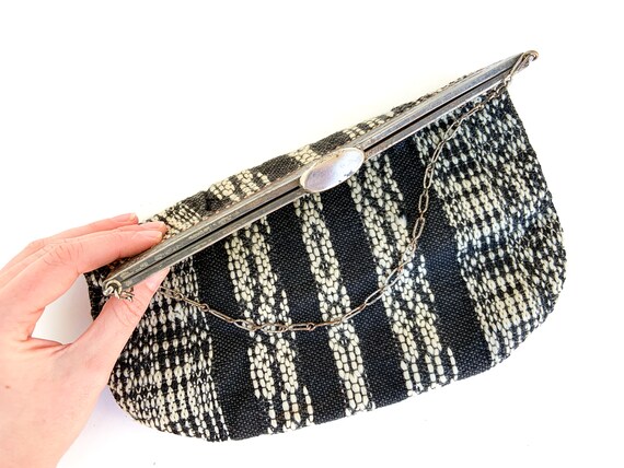 1920s metal bas relief frame black and white woven te… - Gem