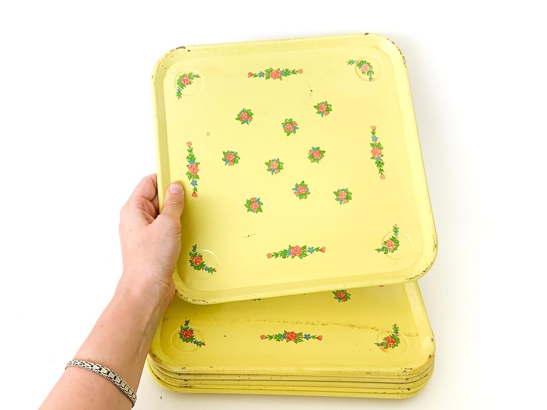 Set of 7 Vintage Pale Yellow Metal Serving Trays With Rosebud Pattern ...