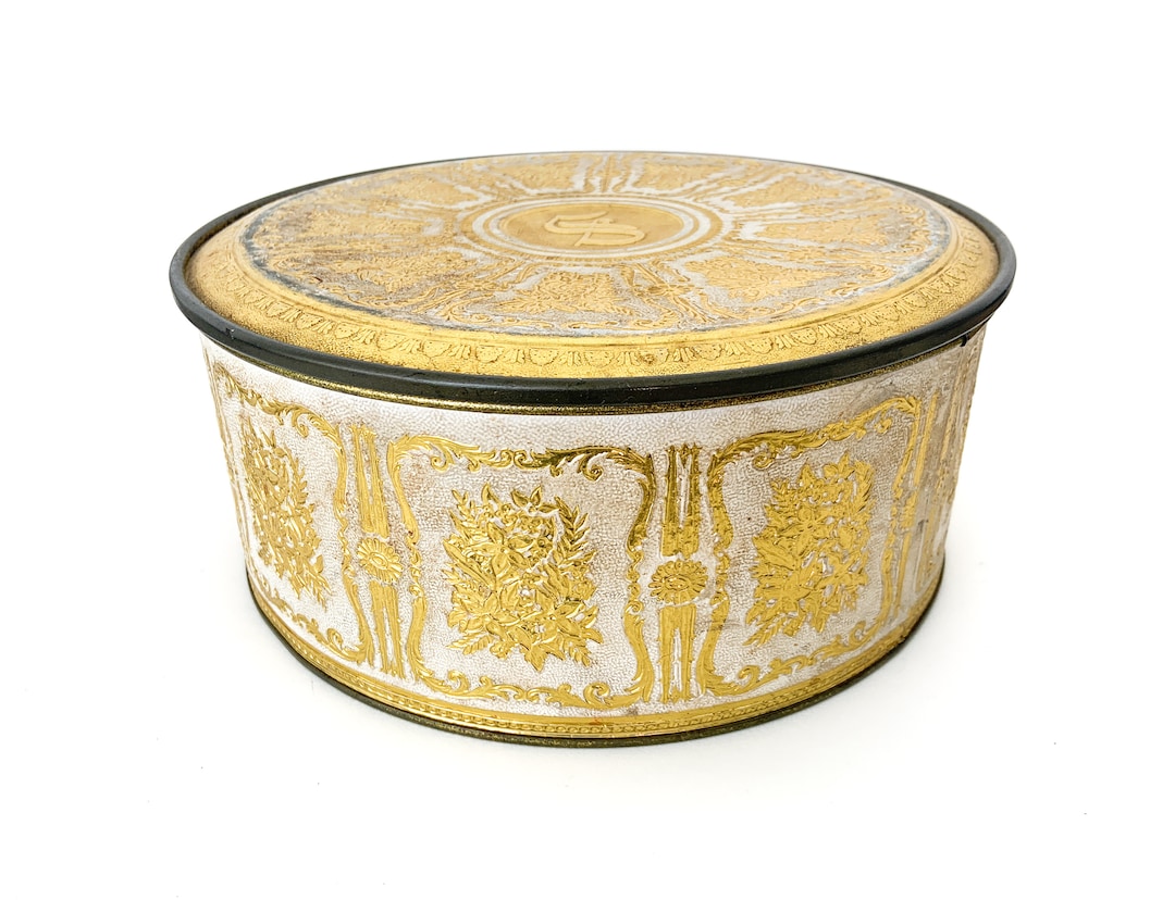 Vintage NYC Guildcraft Midcentury Gold Circle Tin / Fruitcake Tin ...