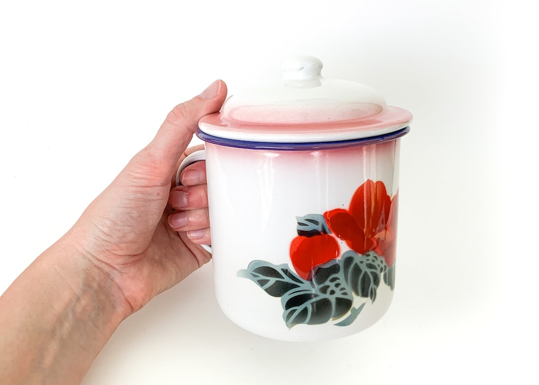 Vintage Tin Enamelware Canister With Handle and Lid / Airbrushed ...