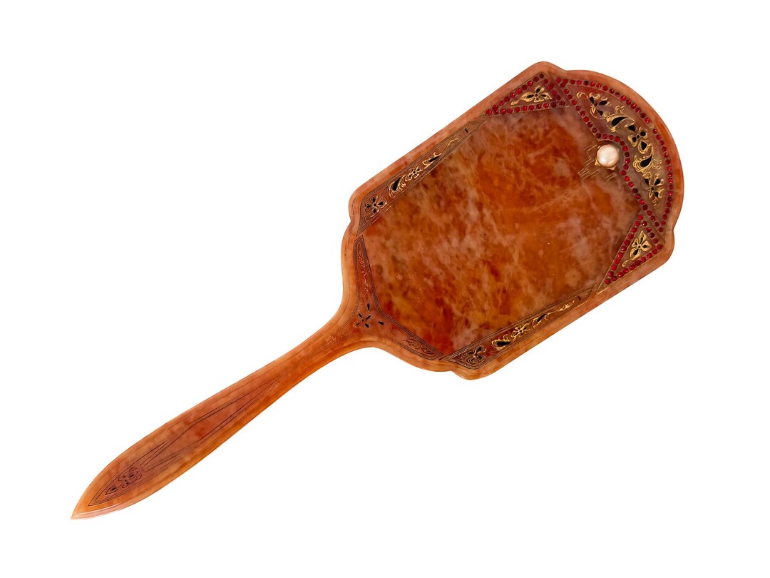 1930s Bakelite Celluloid Hand Mirror With Rhinestone Design / Antique ...
