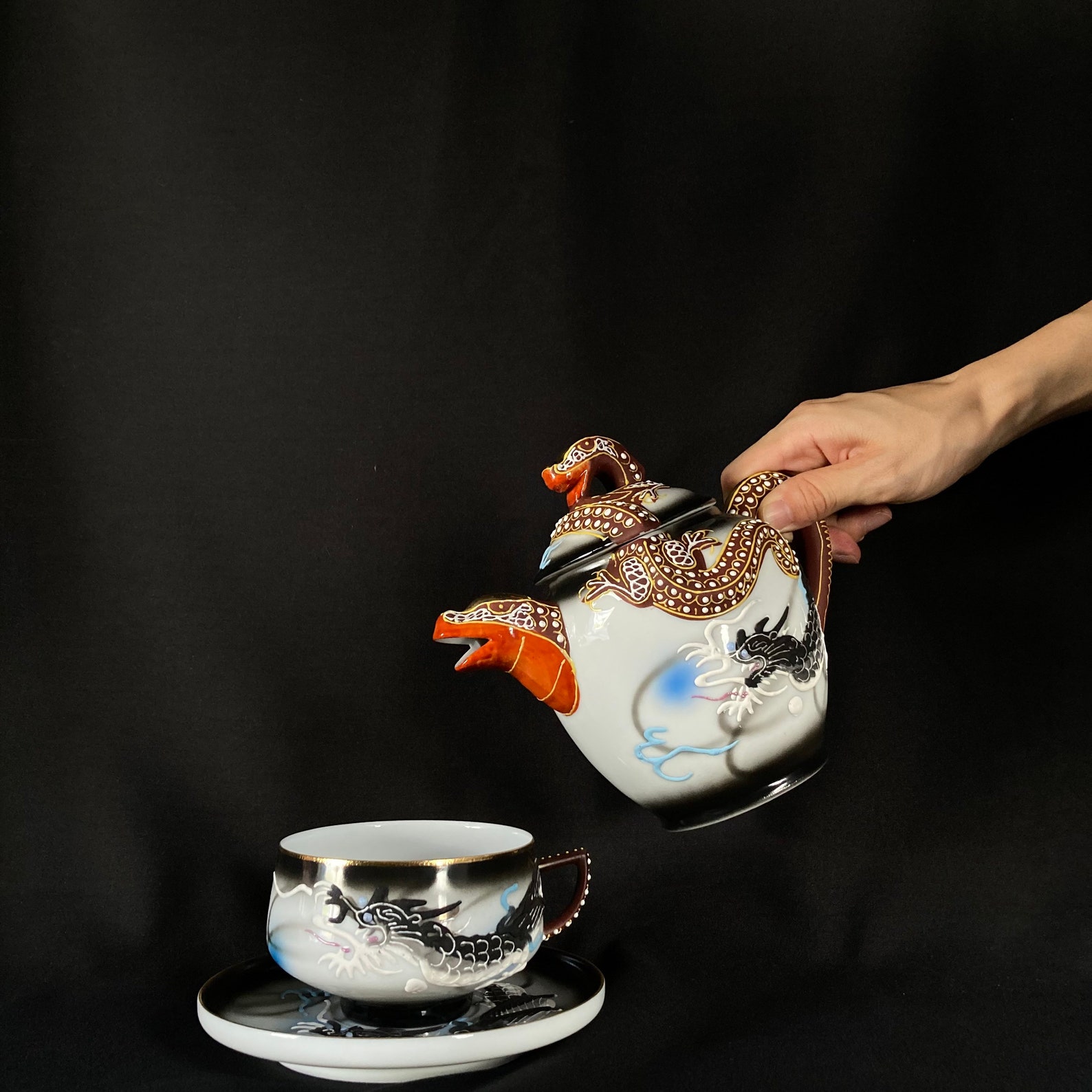 Gorgeous Dragon Head Tea Set, Japanese Hand Painted Porcelain, Eggshell ...