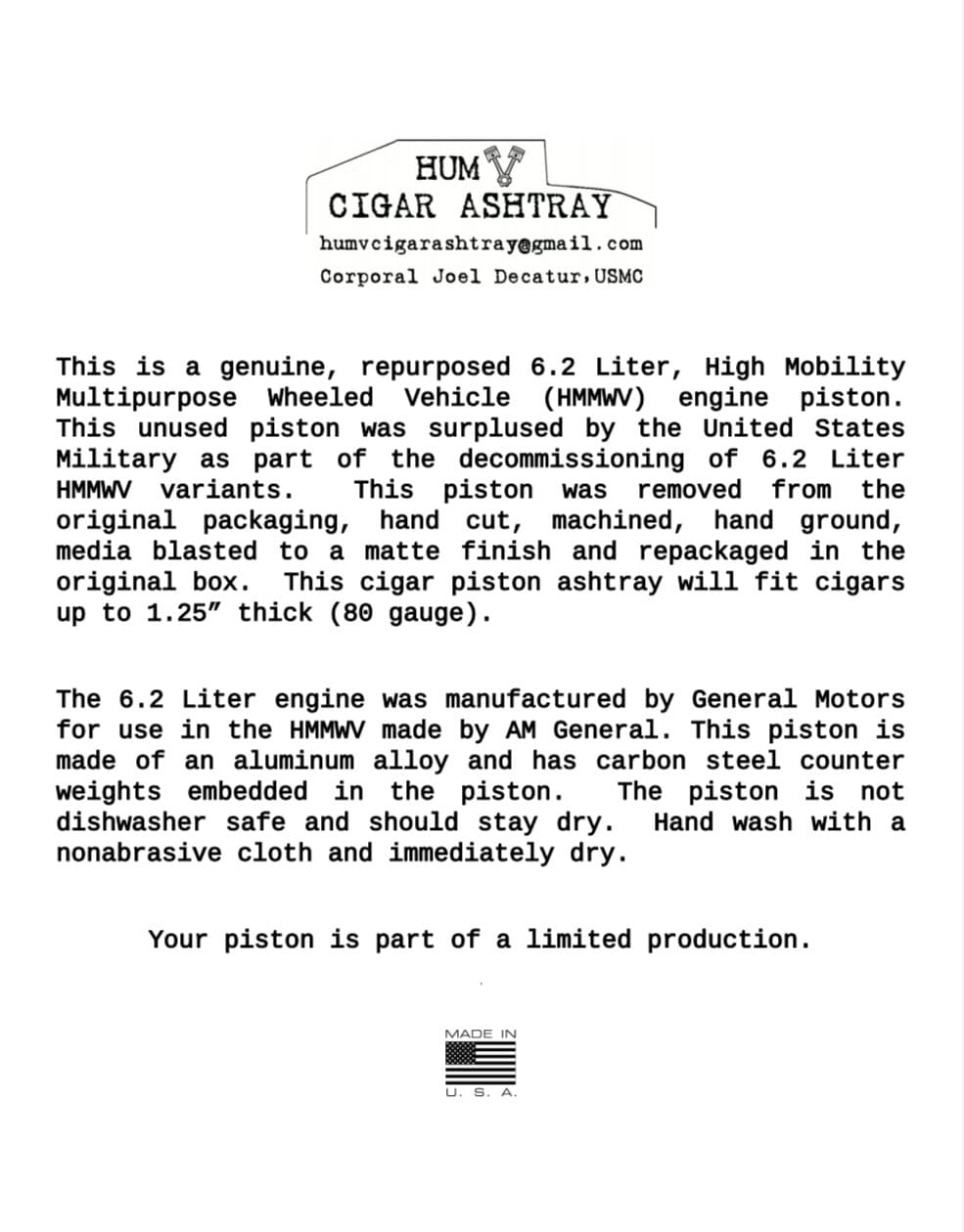 HUM V Cigar Ashtray Made From a Military HMMWV (humvee)piston. - Etsy