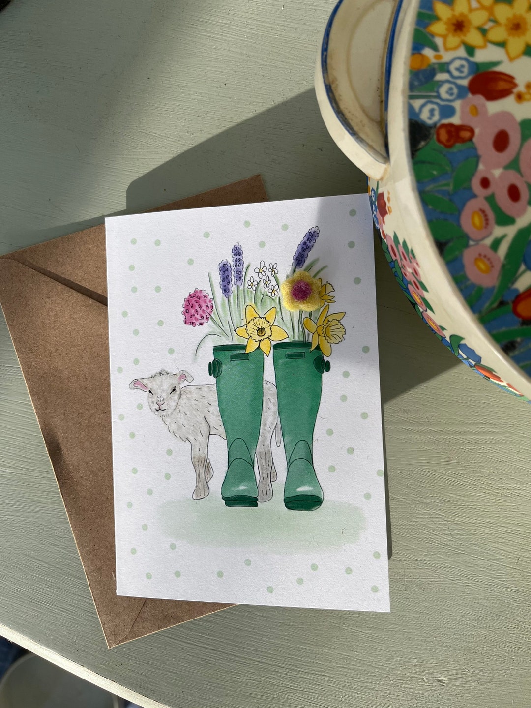 Greetings Card, Spring Lamb, Wellies. Embellished With a Wool Flower ...
