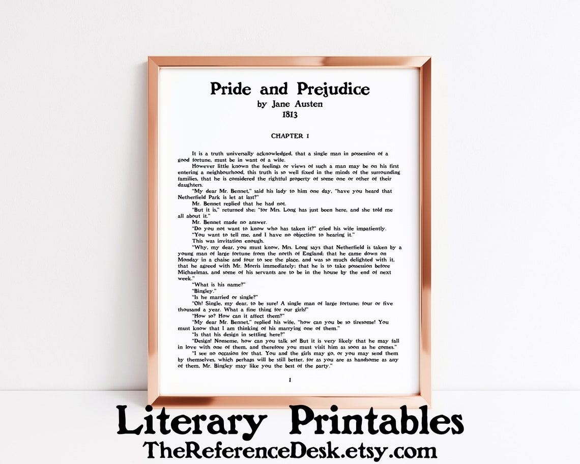 Pride and Prejudice First Page Printable Jane Austen Art - Etsy