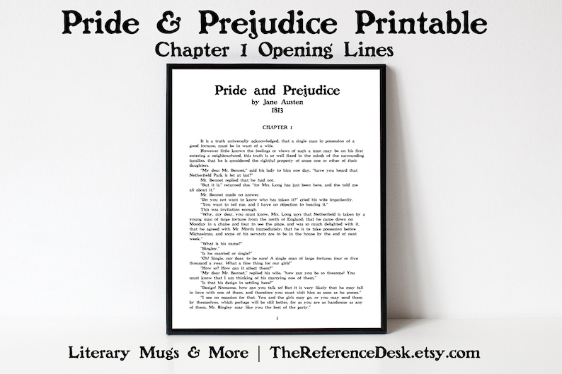 Pride and Prejudice First Page Printable, Jane Austen Art, Romance ...