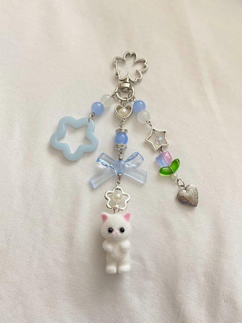 Kawaii Cat Charm Keychain With Heart Locket - Etsy