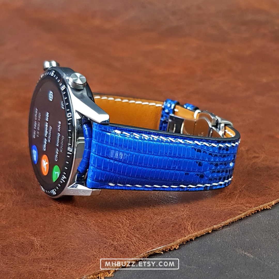 Lizard Light Blue Smartwatch Leather Bands, Exotic Leather Smartwatch Bands, Replacement Light ...