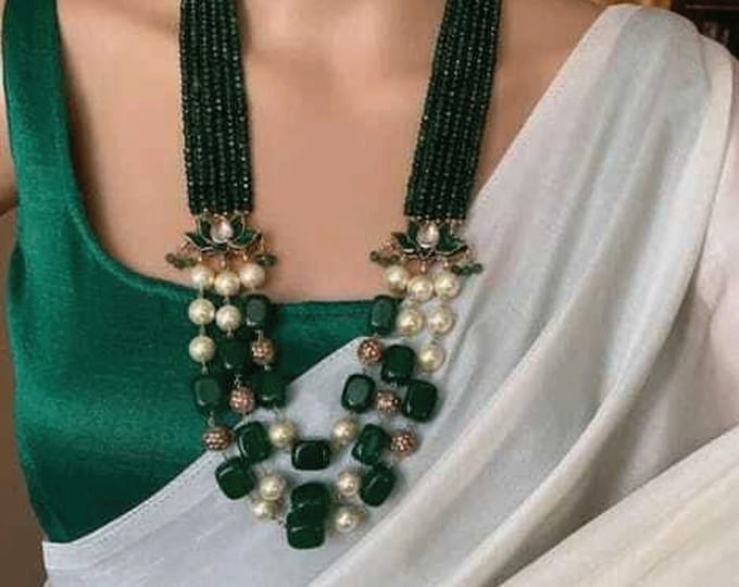 Fine Long Victorian Layered Pearl Emerald Green Doublet Necklace With Statement Stud Earrings ...