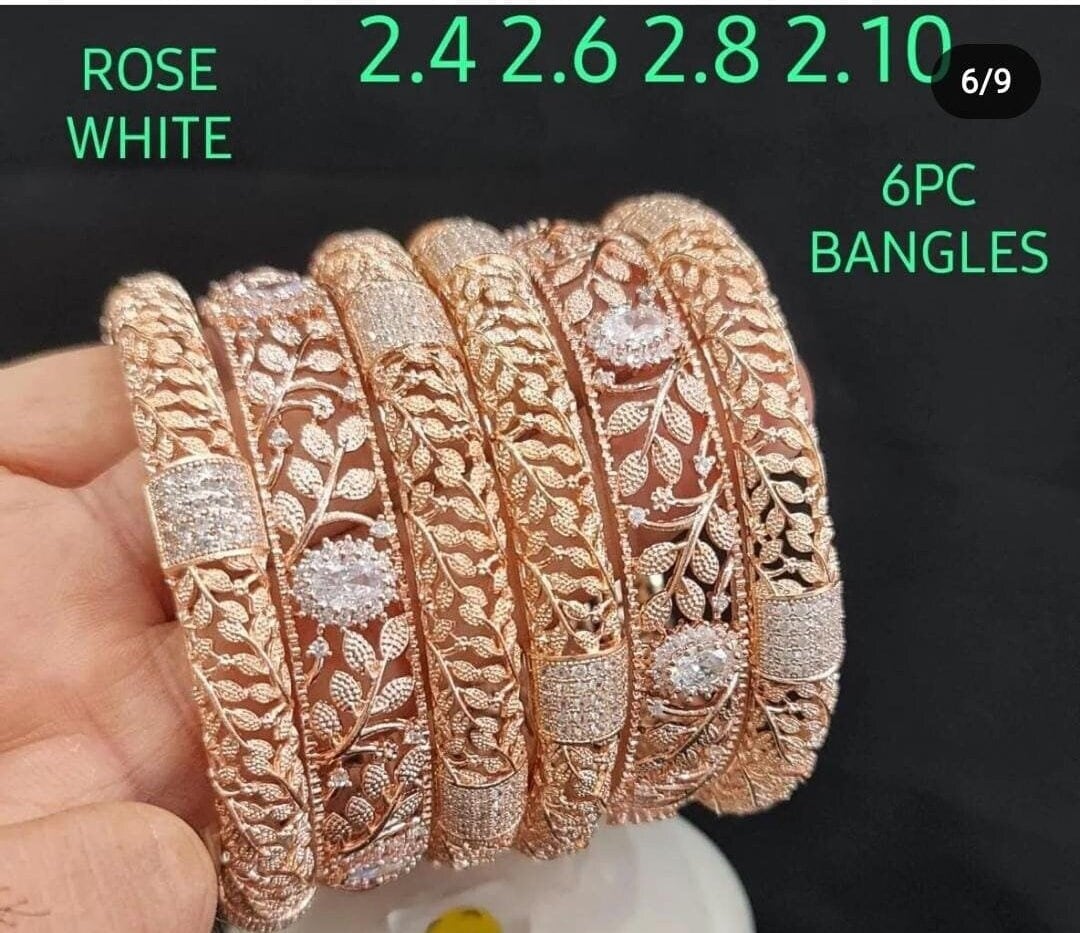 Rose Gold White Bangles/ Indian Jewelry/ Set of 6 Designer CZ Diamond Baguette Bangles Set ...