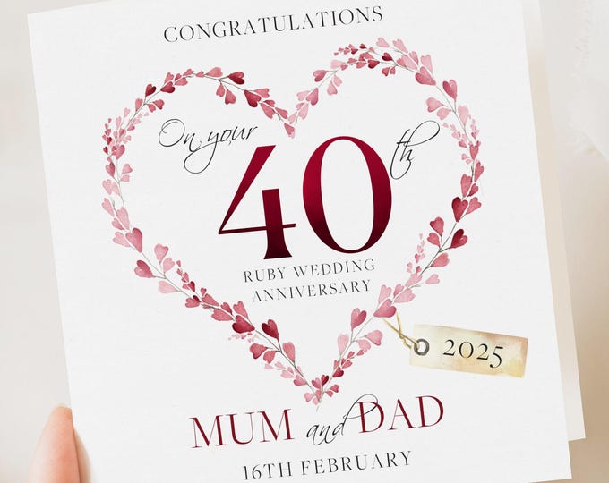 Large 8" Personalised Handmade Ruby Wedding Anniversary Card 40th ...